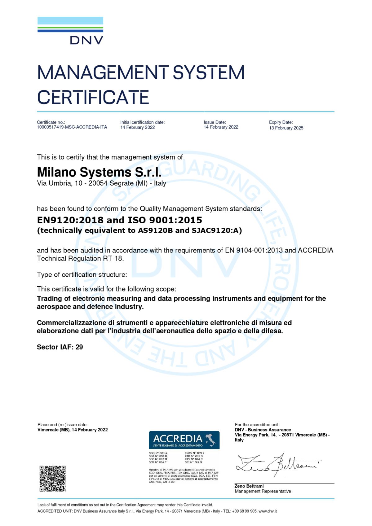 Certificazioni - Milano Systems
